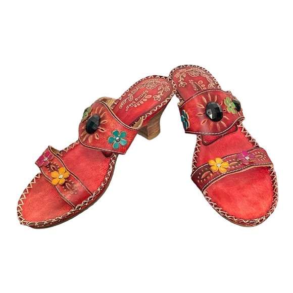 Spring Step | Shoes | Springstep Red Leather Mixed Floral Kitten Heel ...